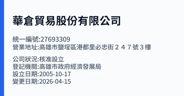 華倉貿易股份有限公司的照片-統編 27693309(高雄市) 公司登記資料與營業項目詳細圖表