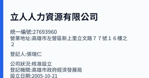 立人人力資源有限公司的照片-統編 27693960(高雄市) 公司登記資料與營業項目詳細圖表
