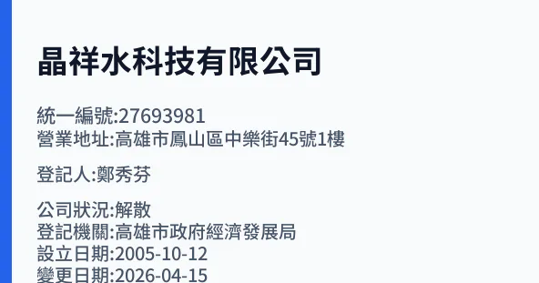 晶祥水科技有限公司的照片-統編 27693981(高雄市) 公司登記資料與營業項目詳細圖表