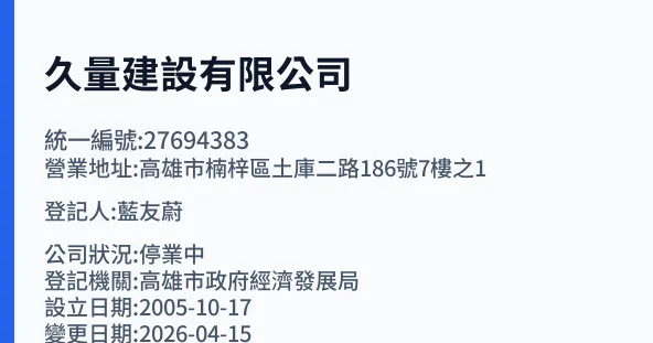 久量建設有限公司的照片-統編 27694383(高雄市) 公司登記資料與營業項目詳細圖表
