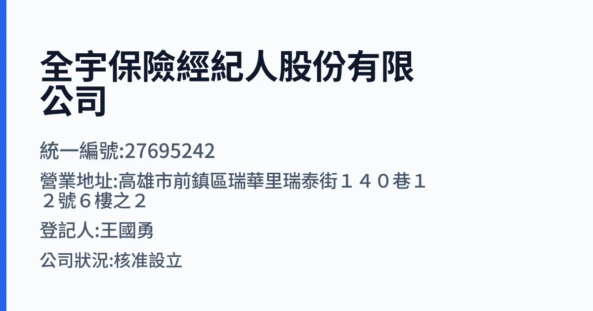 全宇保險經紀人股份有限公司 - 統編 27695242(高雄市) 公司登記資料與營業項目詳細圖表