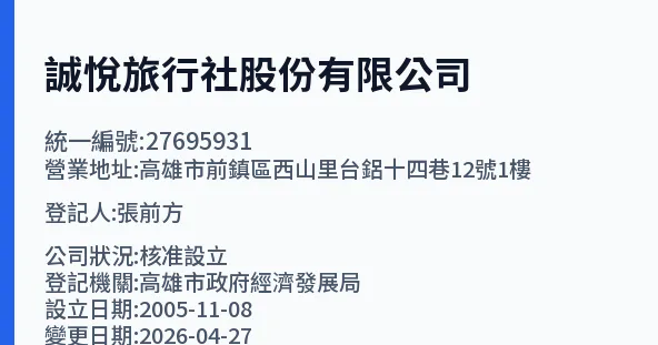 誠悅旅行社股份有限公司的照片-統編 27695931(高雄市) 公司登記資料與營業項目詳細圖表