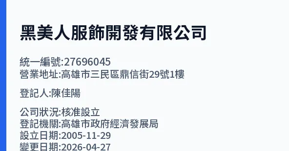 黑美人服飾開發有限公司的照片-統編 27696045(高雄市) 公司登記資料與營業項目詳細圖表