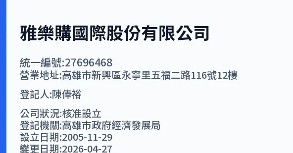 雅樂購國際股份有限公司的照片-統編 27696468(高雄市) 公司登記資料與營業項目詳細圖表