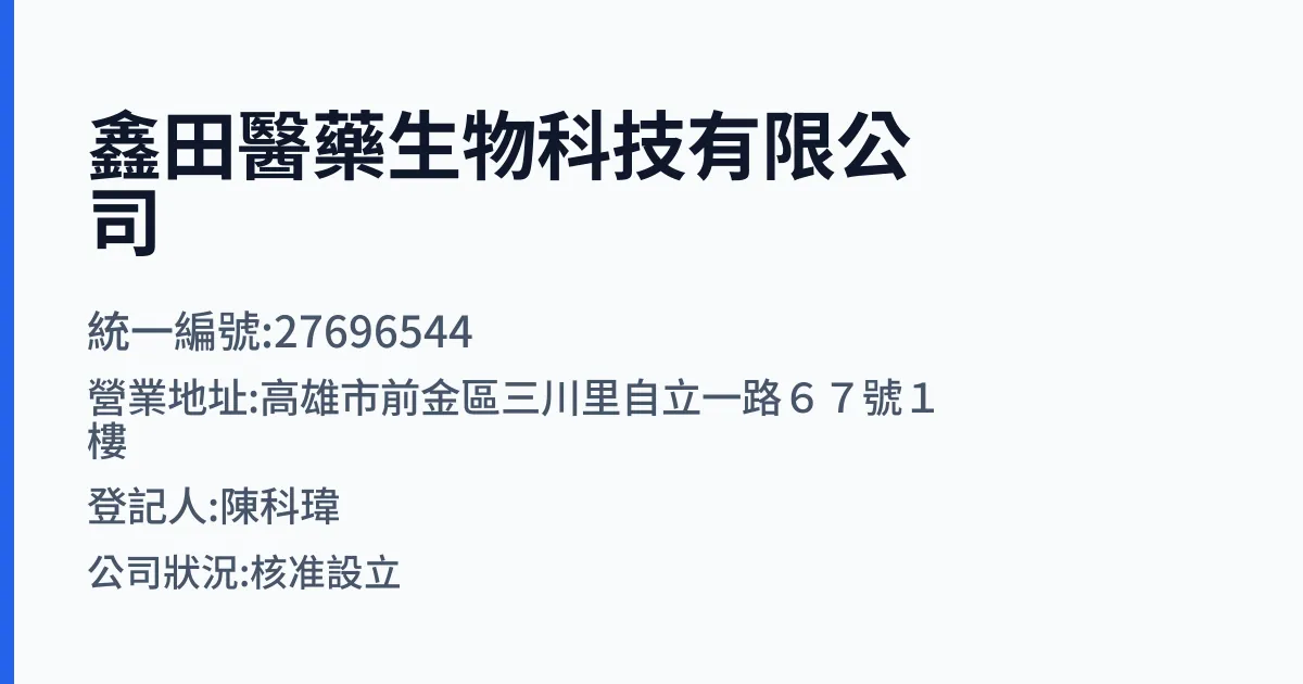 鑫田醫藥生物科技有限公司 - 統編 27696544(高雄市) 公司登記資料與營業項目詳細圖表