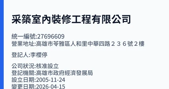 采築室內裝修工程有限公司的照片-統編 27696609(高雄市) 公司登記資料與營業項目詳細圖表