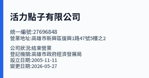 活力點子有限公司的照片-統編 27696848(高雄市) 公司登記資料與營業項目詳細圖表