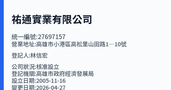 祐通實業有限公司的照片-統編 27697157(高雄市) 公司登記資料與營業項目詳細圖表