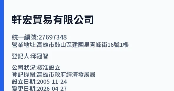 軒宏貿易有限公司的照片-統編 27697348(高雄市) 公司登記資料與營業項目詳細圖表