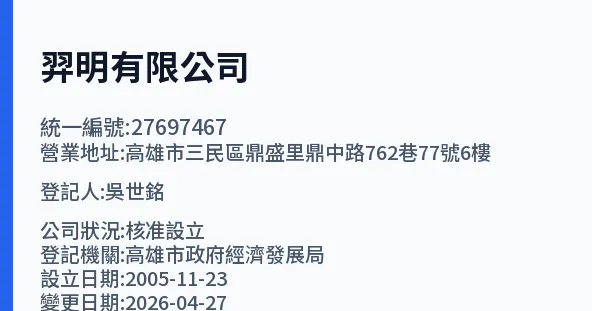 羿明有限公司的照片-統編 27697467(高雄市) 公司登記資料與營業項目詳細圖表