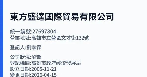 東方盛達國際貿易有限公司的照片-統編 27697804(高雄市) 公司登記資料與營業項目詳細圖表