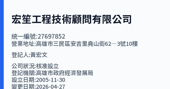 宏笙工程技術顧問有限公司的照片-統編 27697852(高雄市) 公司登記資料與營業項目詳細圖表
