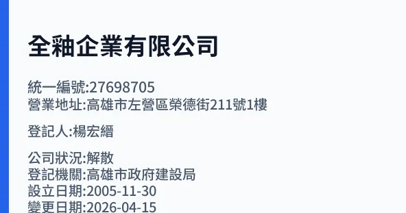 全釉企業有限公司的照片-統編 27698705(高雄市) 公司登記資料與營業項目詳細圖表