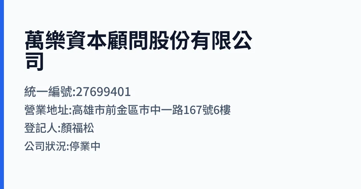 萬樂資本顧問股份有限公司 - 統編 27699401(高雄市) 公司登記資料與營業項目詳細圖表