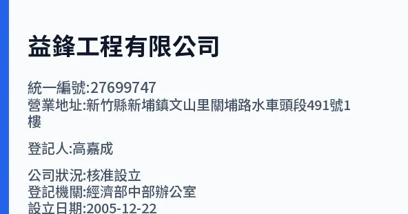 益鋒工程有限公司的照片-統編 27699747(新竹縣) 公司登記資料與營業項目詳細圖表