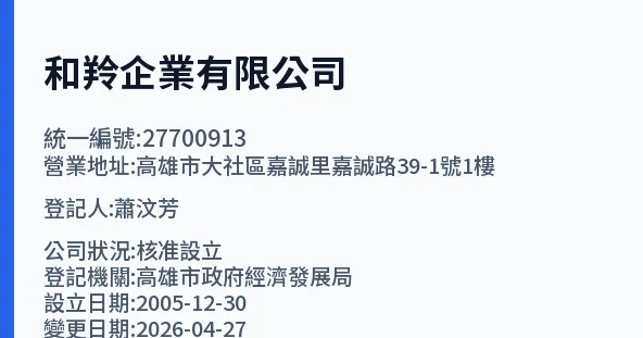 和羚企業有限公司的照片-統編 27700913(高雄市) 公司登記資料與營業項目詳細圖表