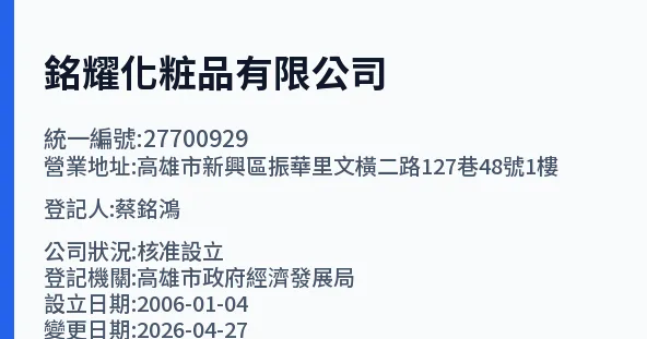 銘耀化粧品有限公司的照片-統編 27700929(高雄市) 公司登記資料與營業項目詳細圖表