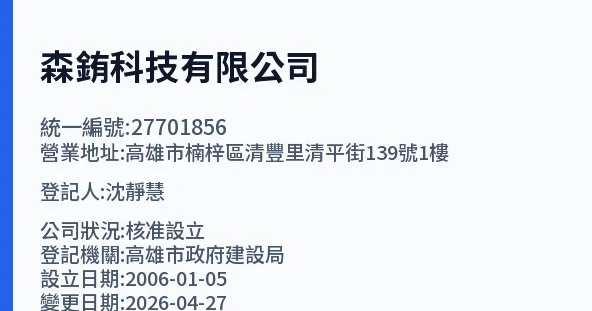 森銪科技有限公司的照片-統編 27701856(高雄市) 公司登記資料與營業項目詳細圖表
