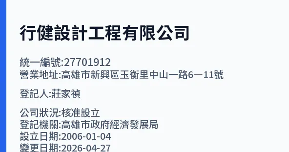 行健設計工程有限公司的照片-統編 27701912(高雄市) 公司登記資料與營業項目詳細圖表
