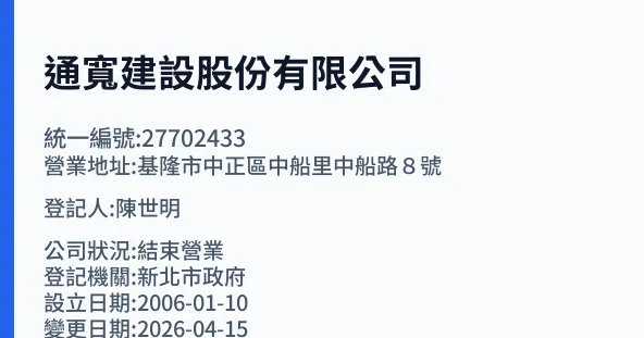 通寬建設股份有限公司的照片-統編 27702433(新北市) 公司登記資料與營業項目詳細圖表