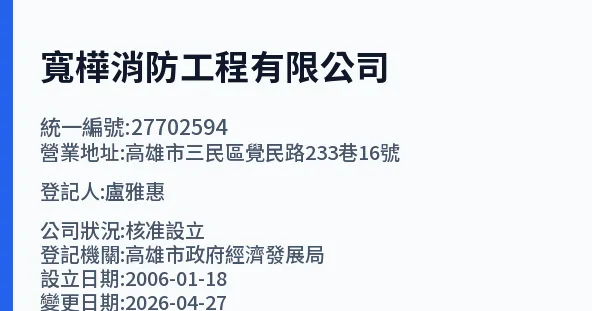 寬樺消防工程有限公司的照片-統編 27702594(高雄市) 公司登記資料與營業項目詳細圖表