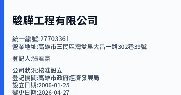 駿驊工程有限公司的照片-統編 27703361(高雄市) 公司登記資料與營業項目詳細圖表