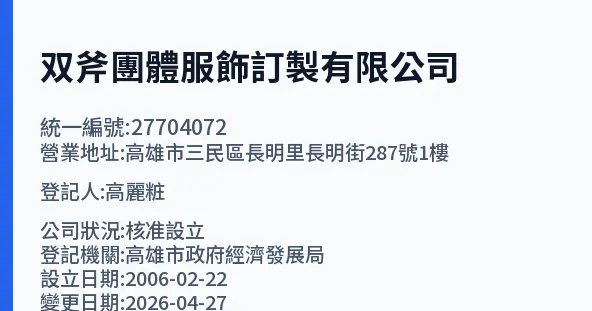 双斧團體服飾訂製有限公司的照片-統編 27704072(高雄市) 公司登記資料與營業項目詳細圖表