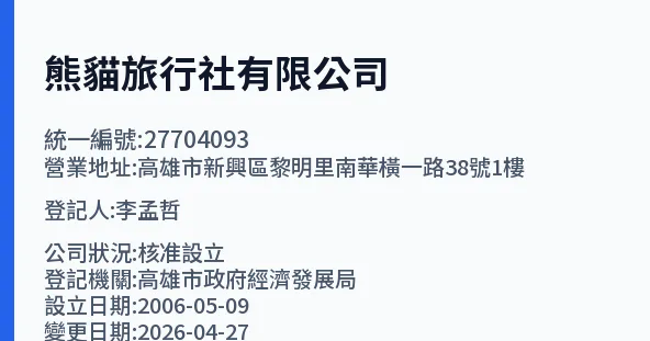熊貓旅行社有限公司的照片-統編 27704093(高雄市) 公司登記資料與營業項目詳細圖表