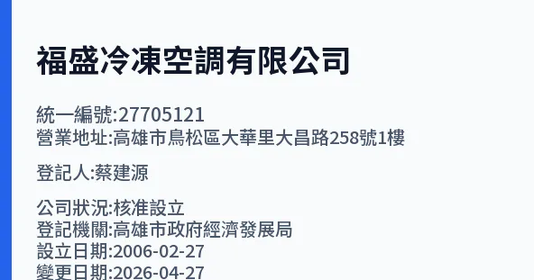 福盛冷凍空調有限公司的照片-統編 27705121(高雄市) 公司登記資料與營業項目詳細圖表