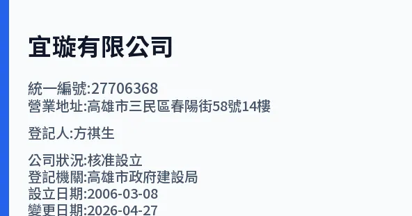 宜璇有限公司的照片-統編 27706368(高雄市) 公司登記資料與營業項目詳細圖表