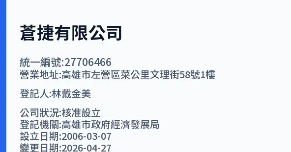 蒼捷有限公司的照片-統編 27706466(高雄市) 公司登記資料與營業項目詳細圖表