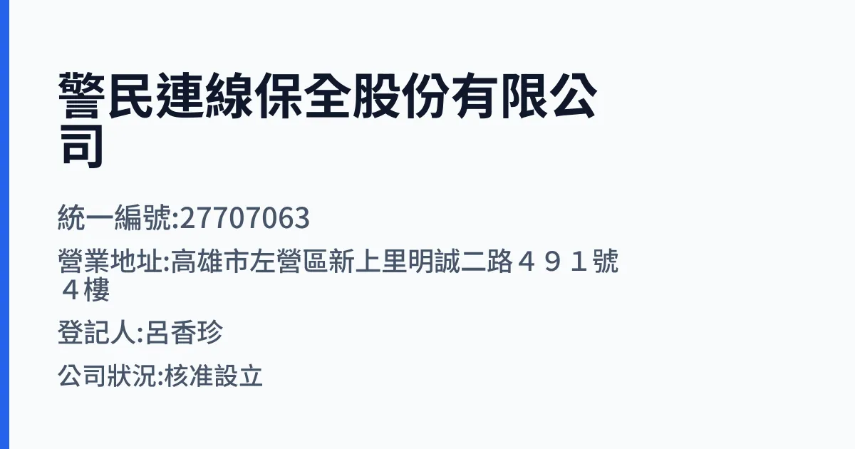 警民連線保全股份有限公司 - 統編 27707063(高雄市) 公司登記資料與營業項目詳細圖表
