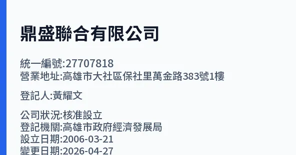 鼎盛聯合有限公司的照片-統編 27707818(高雄市) 公司登記資料與營業項目詳細圖表