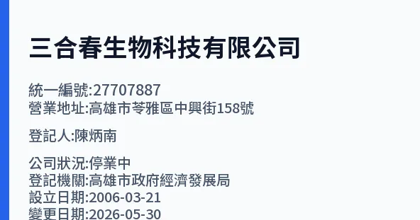 三合春生物科技有限公司的照片-統編 27707887(高雄市) 公司登記資料與營業項目詳細圖表