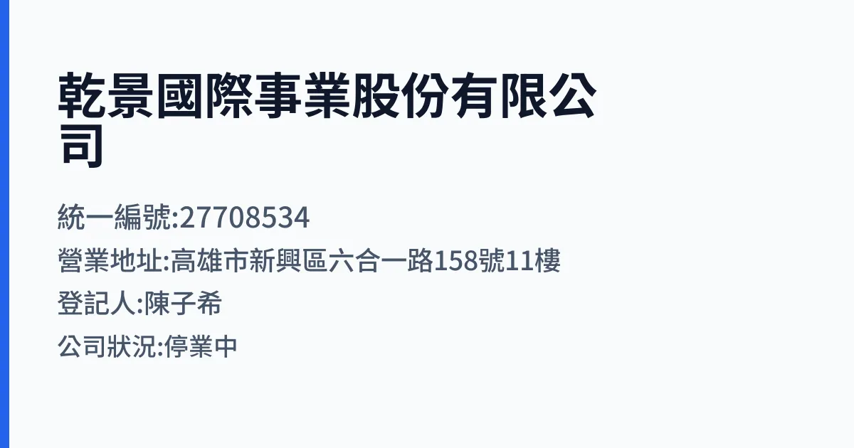 乾景國際事業股份有限公司 - 統編 27708534(高雄市) 公司登記資料與營業項目詳細圖表