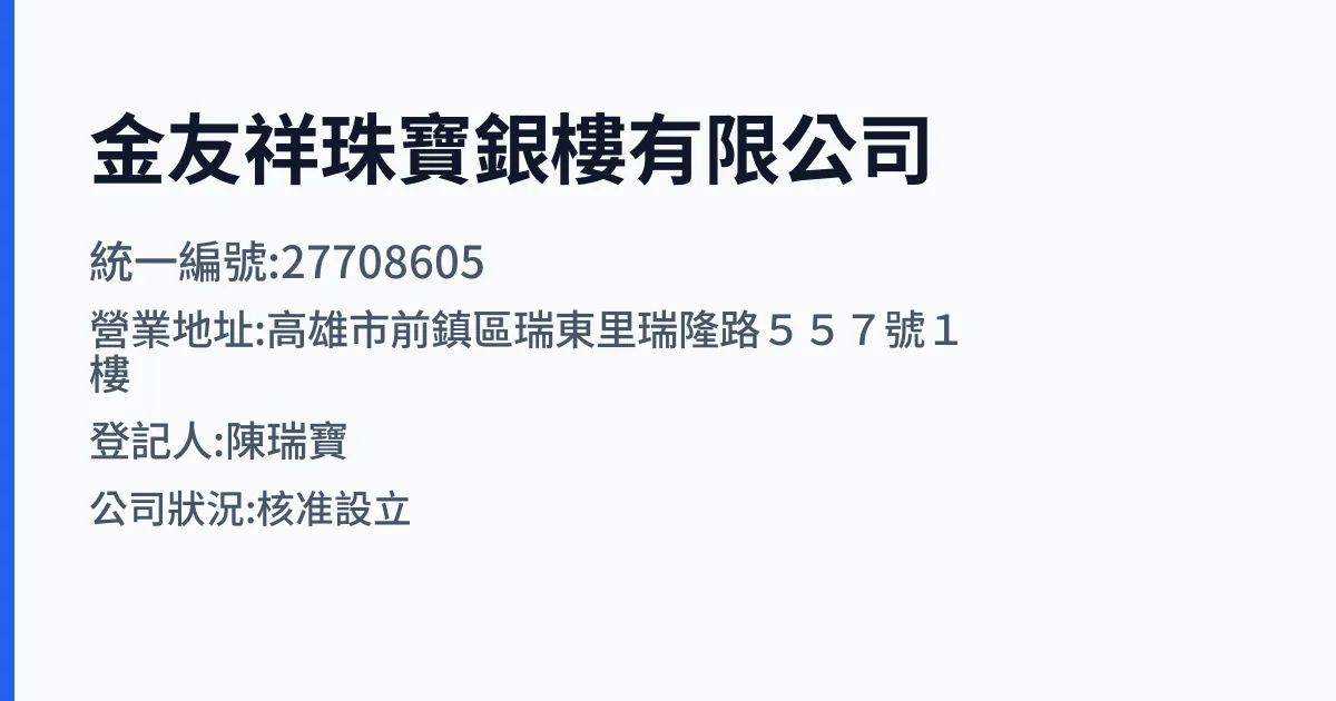 金友祥珠寶銀樓有限公司 - 統編 27708605(高雄市) 公司登記資料與營業項目詳細圖表