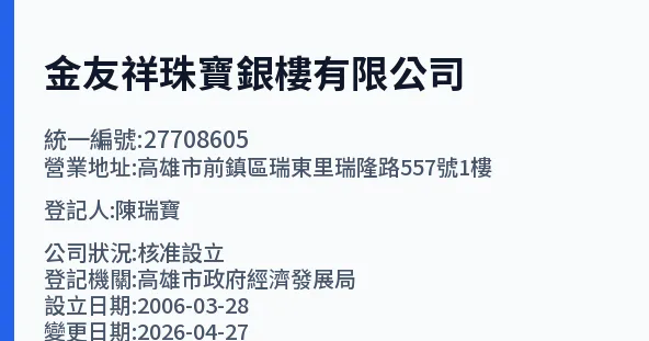 金友祥珠寶銀樓有限公司的照片-統編 27708605(高雄市) 公司登記資料與營業項目詳細圖表