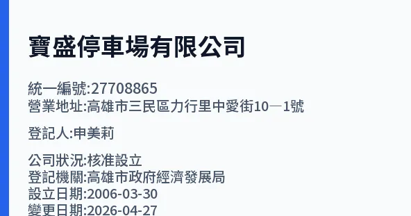 寶盛停車場有限公司的照片-統編 27708865(高雄市) 公司登記資料與營業項目詳細圖表