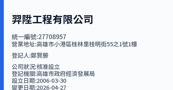 羿陞工程有限公司的照片-統編 27708957(高雄市) 公司登記資料與營業項目詳細圖表