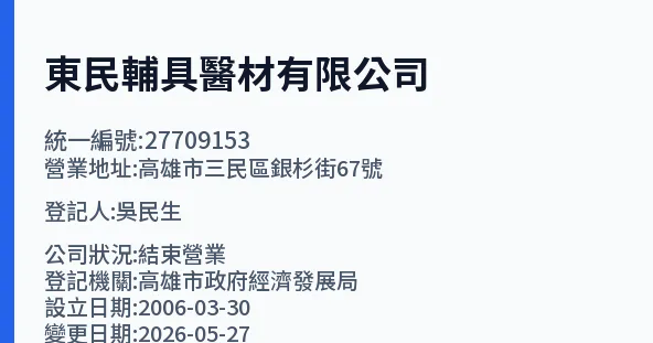 東民輔具醫材有限公司的照片-統編 27709153(高雄市) 公司登記資料與營業項目詳細圖表