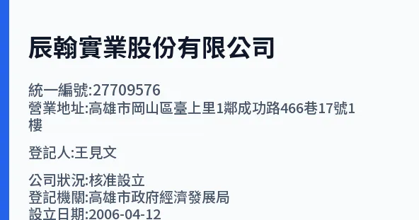 辰翰實業股份有限公司的照片-統編 27709576(高雄市) 公司登記資料與營業項目詳細圖表