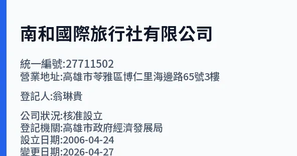 南和國際旅行社有限公司的照片-統編 27711502(高雄市) 公司登記資料與營業項目詳細圖表