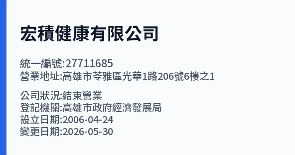 宏積健康有限公司的照片-統編 27711685(高雄市) 公司登記資料與營業項目詳細圖表