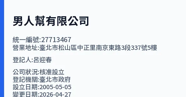 男人幫有限公司的照片-統編 27713467(臺北市) 公司登記資料與營業項目詳細圖表