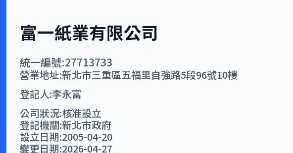 富一紙業有限公司的照片-統編 27713733(新北市) 公司登記資料與營業項目詳細圖表