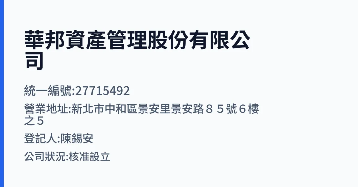 華邦資產管理股份有限公司 - 統編 27715492(臺北市) 公司登記資料與營業項目詳細圖表