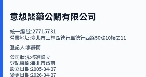 意想醫藥公關有限公司的照片-統編 27715731(臺北市) 公司登記資料與營業項目詳細圖表