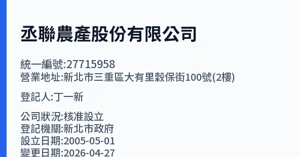 丞聯農產股份有限公司的照片-統編 27715958(新北市) 公司登記資料與營業項目詳細圖表