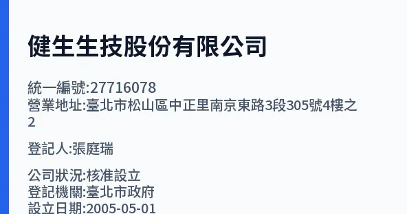 健生生技股份有限公司的照片-統編 27716078(臺北市) 公司登記資料與營業項目詳細圖表