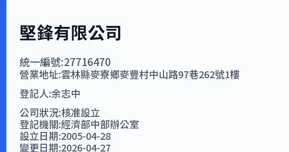 堅鋒有限公司的照片-統編 27716470(雲林縣) 公司登記資料與營業項目詳細圖表